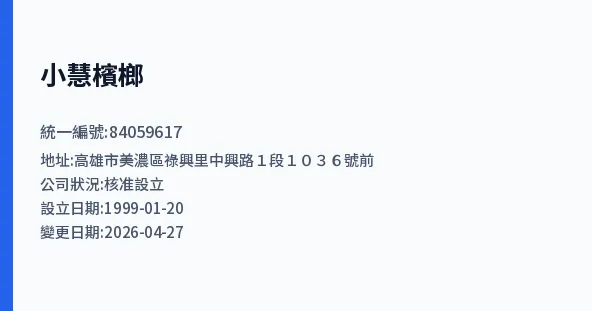 小慧檳榔的照片-統編 84059617(高雄市) 公司登記資料與營業項目詳細圖表