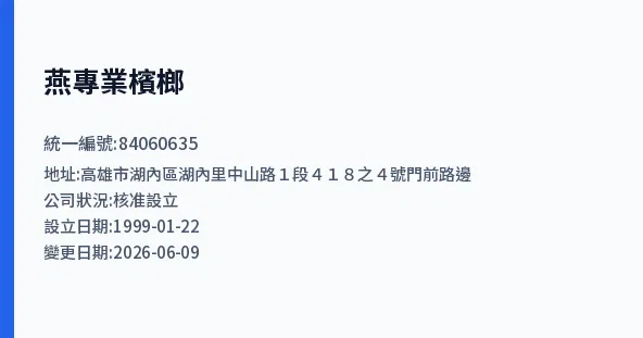 燕專業檳榔的照片-統編 84060635(高雄市) 公司登記資料與營業項目詳細圖表