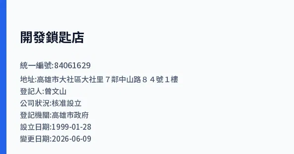 開發鎖匙店的照片-統編 84061629(高雄市) 公司登記資料與營業項目詳細圖表