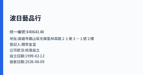 波日藝品行的照片-統編 84064148(高雄市) 公司登記資料與營業項目詳細圖表