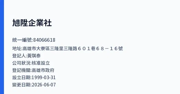旭陞企業社的照片-統編 84066618(高雄市) 公司登記資料與營業項目詳細圖表
