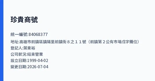 珍貴商號的照片-統編 84068377(高雄市) 公司登記資料與營業項目詳細圖表