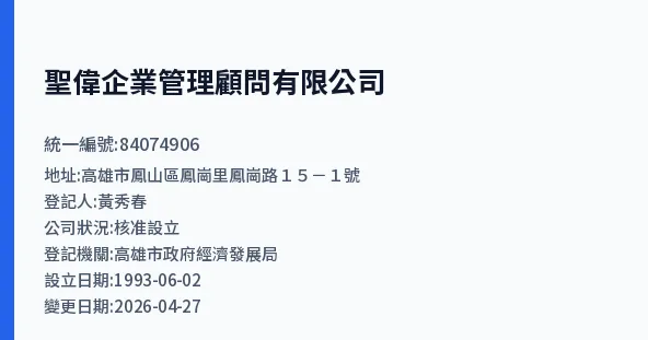 聖偉企業管理顧問有限公司的照片-統編 84074906(高雄市) 公司登記資料與營業項目詳細圖表