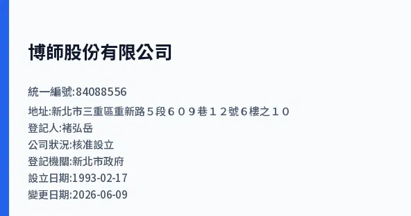 博師股份有限公司的照片-統編 84088556(新北市) 公司登記資料與營業項目詳細圖表