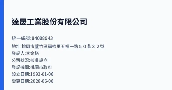 達晟工業股份有限公司的照片-統編 84088943(桃園市) 公司登記資料與營業項目詳細圖表