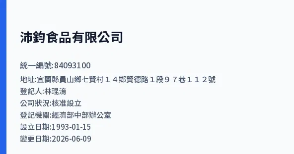 沛鈞食品有限公司的照片-統編 84093100(宜蘭縣) 公司登記資料與營業項目詳細圖表
