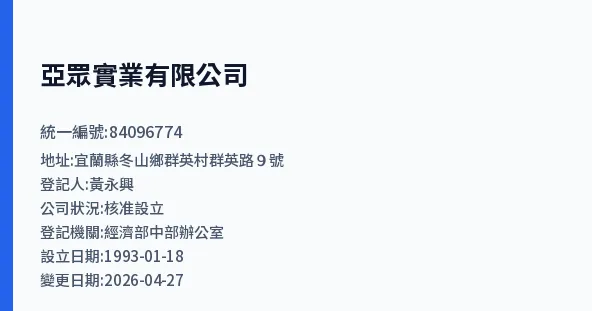 亞眾實業有限公司的照片-統編 84096774(宜蘭縣) 公司登記資料與營業項目詳細圖表