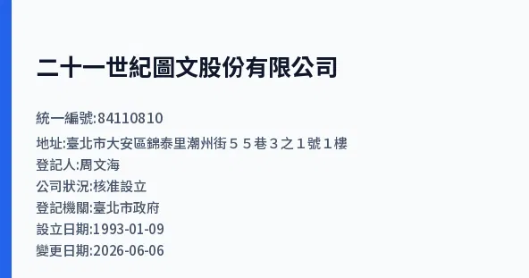二十一世紀圖文股份有限公司的照片-統編 84110810(臺北市) 公司登記資料與營業項目詳細圖表