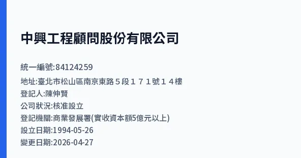 中興工程顧問股份有限公司的照片-統編 84124259(臺北市) 公司登記資料與營業項目詳細圖表