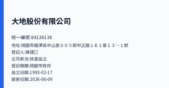 大地股份有限公司的照片-統編 84126138(桃園市) 公司登記資料與營業項目詳細圖表