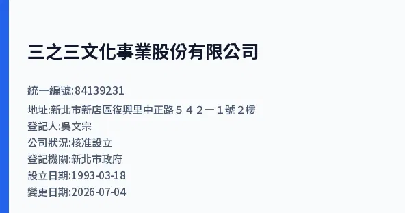 三之三文化事業股份有限公司的照片-統編 84139231(新北市) 公司登記資料與營業項目詳細圖表