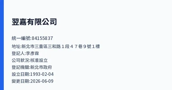 翌嘉有限公司的照片-統編 84155837(新北市) 公司登記資料與營業項目詳細圖表