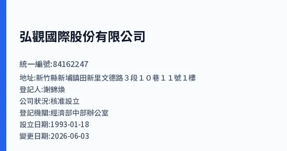 弘觀國際股份有限公司的照片-統編 84162247(新竹縣) 公司登記資料與營業項目詳細圖表