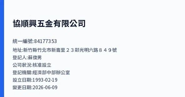 協順興五金有限公司的照片-統編 84177353(新竹縣) 公司登記資料與營業項目詳細圖表