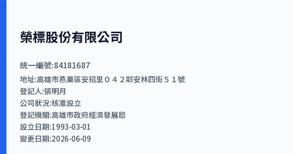 榮標股份有限公司的照片-統編 84181687(高雄市) 公司登記資料與營業項目詳細圖表