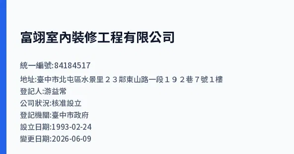 富翊室內裝修工程有限公司的照片-統編 84184517(臺中市) 公司登記資料與營業項目詳細圖表