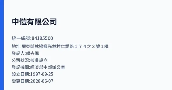 中愷有限公司的照片-統編 84185500(屏東縣) 公司登記資料與營業項目詳細圖表