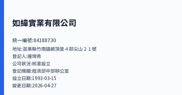 如緯實業有限公司的照片-統編 84188730(苗栗縣) 公司登記資料與營業項目詳細圖表