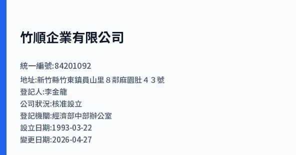 竹順企業有限公司的照片-統編 84201092(新竹縣) 公司登記資料與營業項目詳細圖表