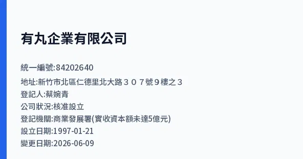 有丸企業有限公司的照片-統編 84202640(新竹市) 公司登記資料與營業項目詳細圖表
