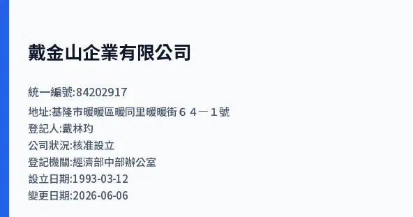 戴金山企業有限公司的照片-統編 84202917(基隆市) 公司登記資料與營業項目詳細圖表