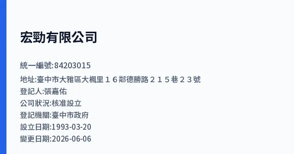 宏勁有限公司的照片-統編 84203015(臺中市) 公司登記資料與營業項目詳細圖表