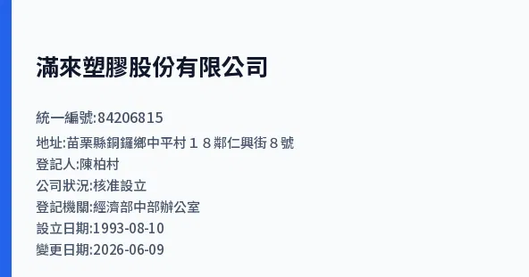 滿來塑膠股份有限公司的照片-統編 84206815(苗栗縣) 公司登記資料與營業項目詳細圖表