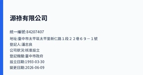 源祿有限公司的照片-統編 84207407(臺中市) 公司登記資料與營業項目詳細圖表