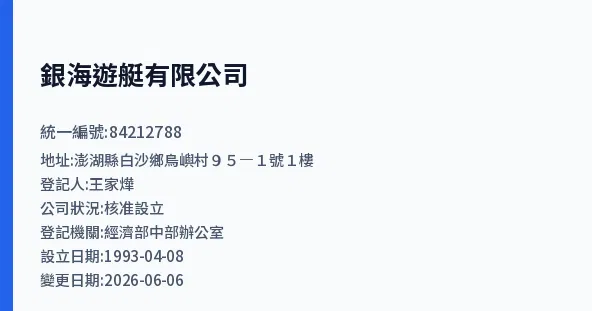 銀海遊艇有限公司的照片-統編 84212788(澎湖縣) 公司登記資料與營業項目詳細圖表