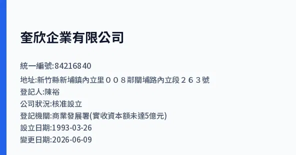 奎欣企業有限公司的照片-統編 84216840(新竹縣) 公司登記資料與營業項目詳細圖表