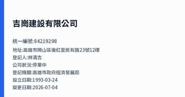 吉崗建設有限公司的照片-統編 84219298(高雄市) 公司登記資料與營業項目詳細圖表