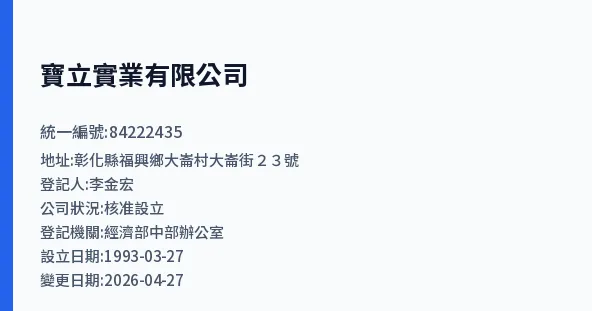 寶立實業有限公司的照片-統編 84222435(彰化縣) 公司登記資料與營業項目詳細圖表