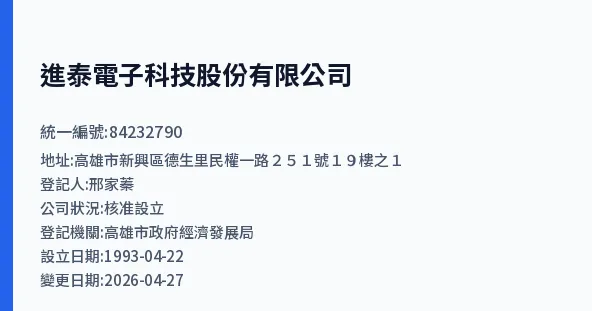 進泰電子科技股份有限公司的照片-統編 84232790(高雄市) 公司登記資料與營業項目詳細圖表