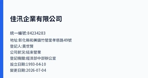 佳汛企業有限公司的照片-統編 84234283(彰化縣) 公司登記資料與營業項目詳細圖表