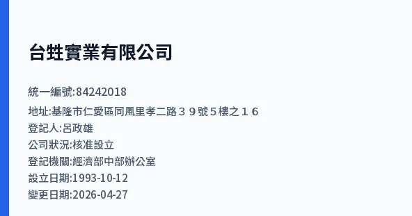 台甡實業有限公司的照片-統編 84242018(基隆市) 公司登記資料與營業項目詳細圖表