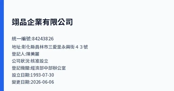 翊品企業有限公司的照片-統編 84243826(彰化縣) 公司登記資料與營業項目詳細圖表
