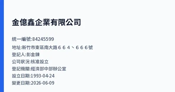金億鑫企業有限公司的照片-統編 84245599(新竹市) 公司登記資料與營業項目詳細圖表