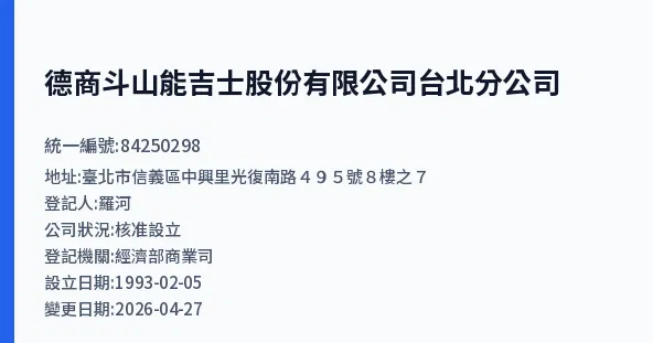 德商斗山能吉士股份有限公司台北分公司的照片-統編 84250298(臺北市) 公司登記資料與營業項目詳細圖表