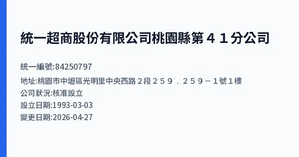 統一超商股份有限公司桃園縣第41分公司的照片-統編 84250797(桃園市) 公司登記資料與營業項目詳細圖表