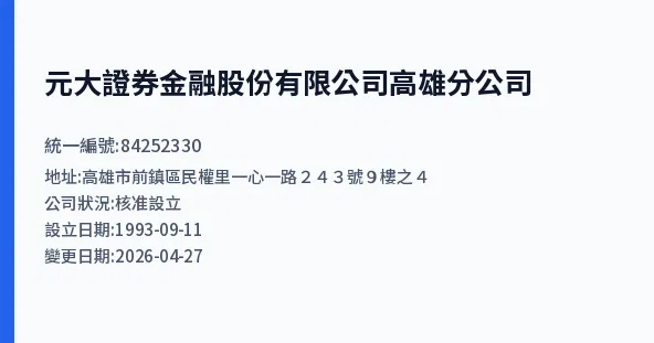 元大證券金融股份有限公司高雄分公司的照片-統編 84252330(高雄市) 公司登記資料與營業項目詳細圖表