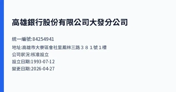 高雄銀行股份有限公司大發分公司的照片-統編 84254941(高雄市) 公司登記資料與營業項目詳細圖表