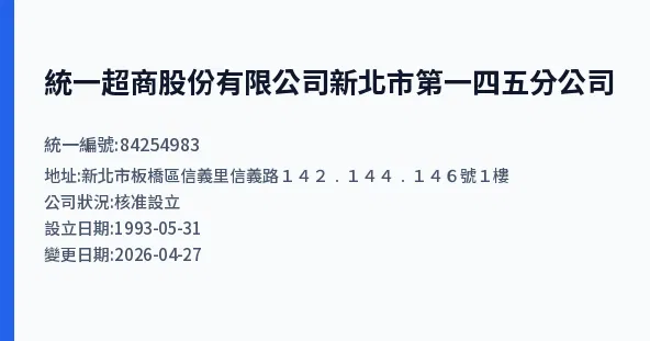 統一超商股份有限公司新北市第一四五分公司的照片-統編 84254983(新北市) 公司登記資料與營業項目詳細圖表
