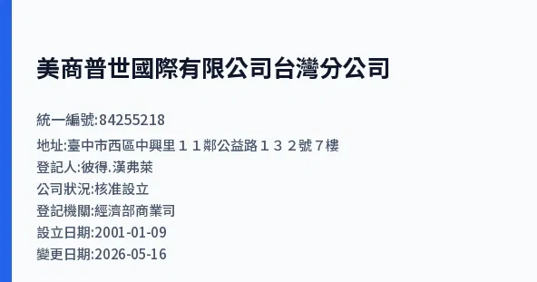 美商普世國際有限公司台灣分公司的照片-統編 84255218(臺中市) 公司登記資料與營業項目詳細圖表