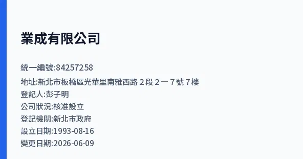 業成有限公司的照片-統編 84257258(新北市) 公司登記資料與營業項目詳細圖表