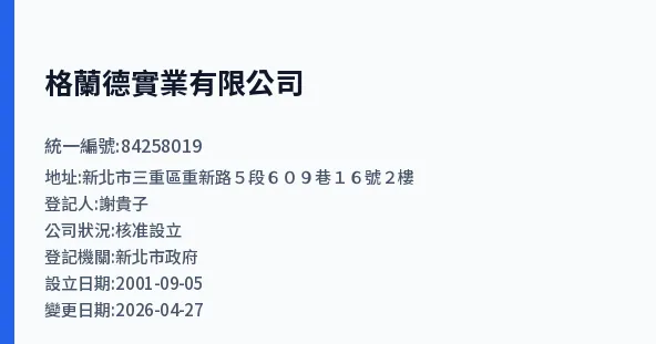 格蘭德實業有限公司的照片-統編 84258019(新北市) 公司登記資料與營業項目詳細圖表