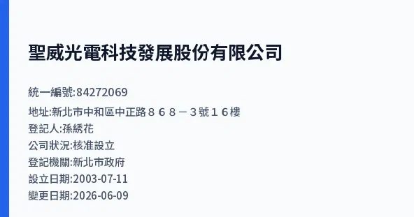 聖威光電科技發展股份有限公司的照片-統編 84272069(新北市) 公司登記資料與營業項目詳細圖表