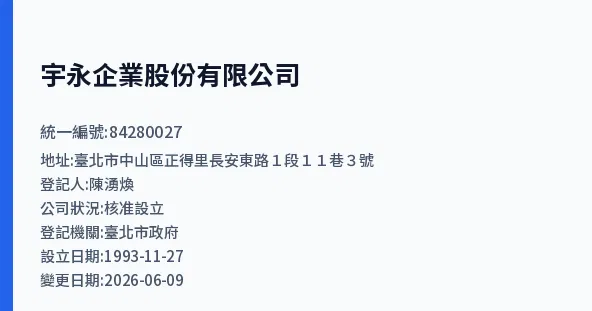 宇永企業股份有限公司的照片-統編 84280027(臺北市) 公司登記資料與營業項目詳細圖表