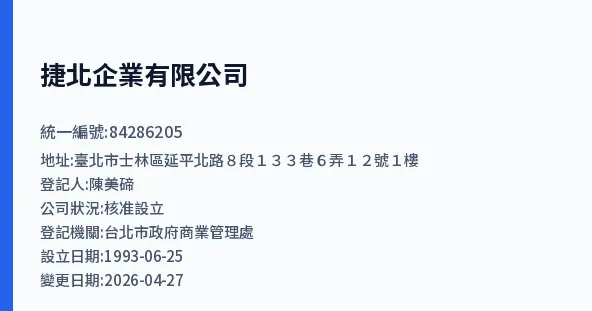 捷北企業有限公司的照片-統編 84286205(臺北市) 公司登記資料與營業項目詳細圖表