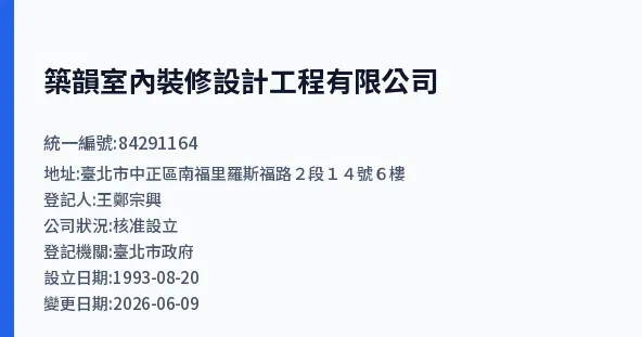 築韻室內裝修設計工程有限公司的照片-統編 84291164(臺北市) 公司登記資料與營業項目詳細圖表