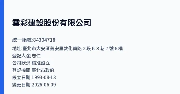 雲彩建設股份有限公司的照片-統編 84304718(臺北市) 公司登記資料與營業項目詳細圖表